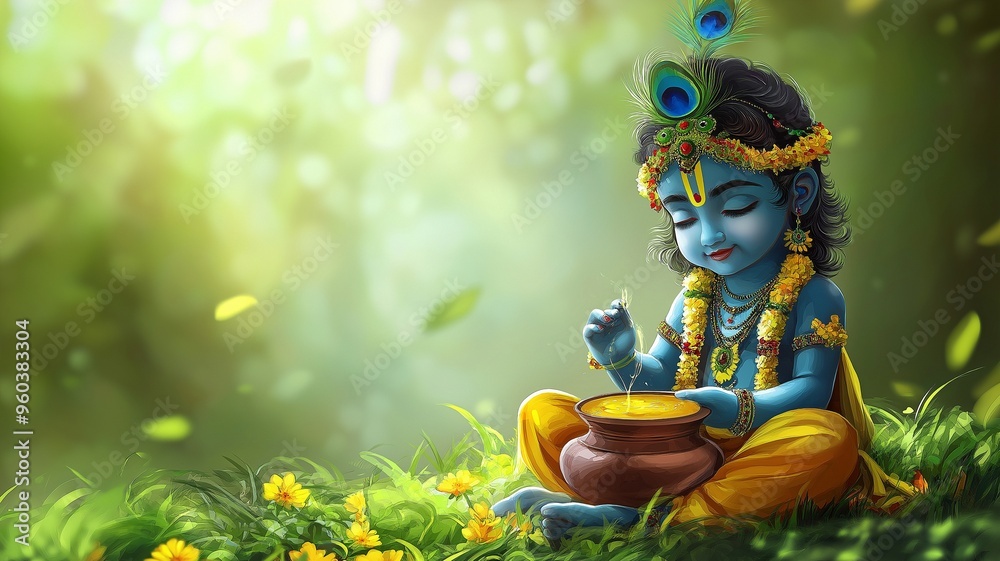 Baby Krishna eating butter from a kettle while wearing traditional ...