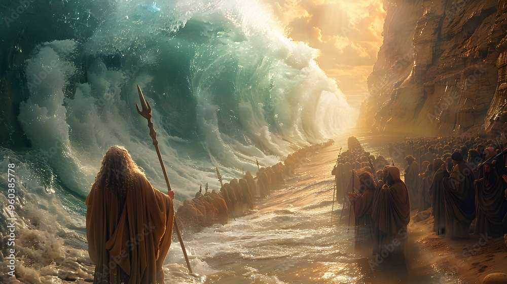Depict the powerful image of Moses raising his staff as the Red Sea ...
