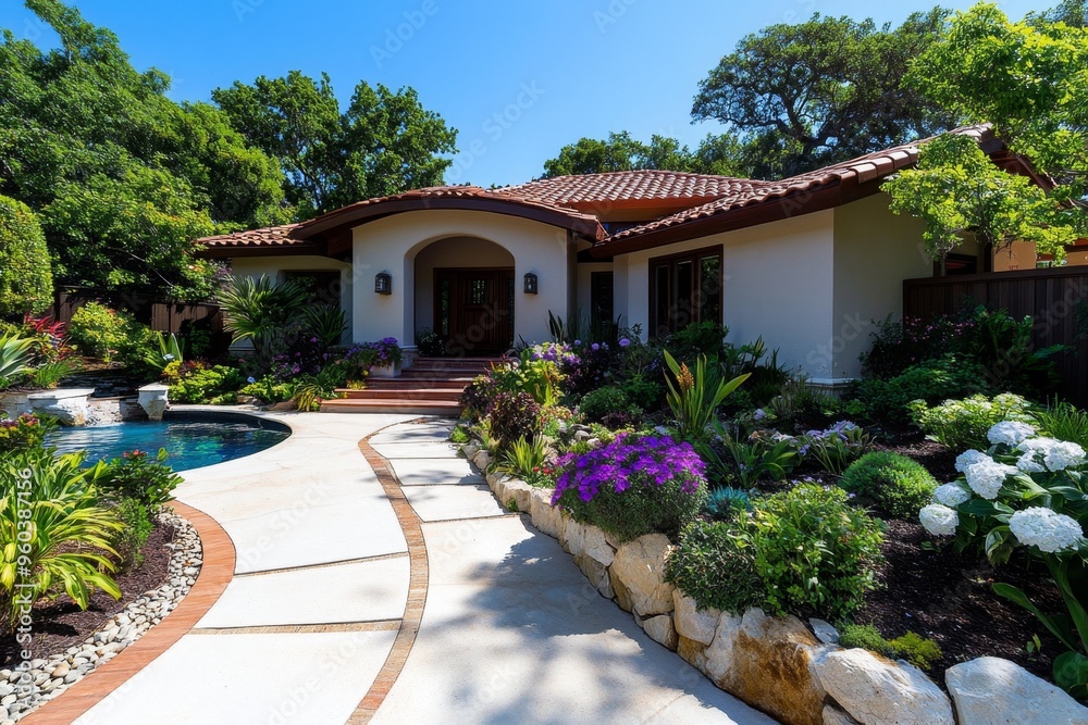 House, garden oasis, lush landscaping surrounds the home with flowers ...