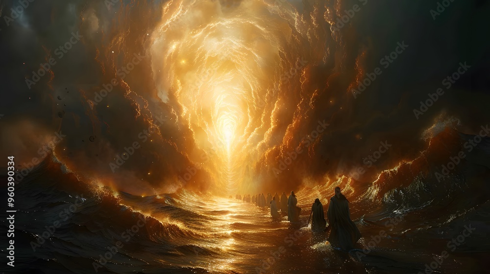 Paint the miraculous scene of Moses parting the Red Sea, with a dry ...