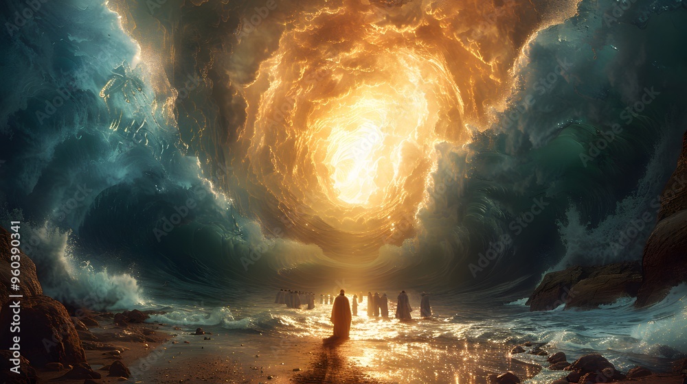 Paint the miraculous scene of Moses parting the Red Sea, with a dry ...