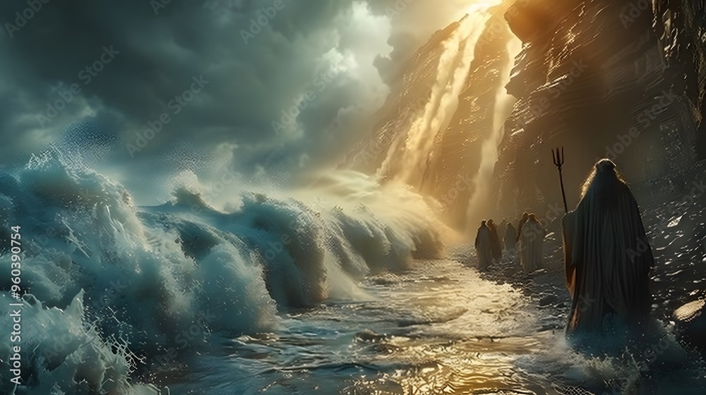 Picture Moses leading the Israelites across the dry seabed, with his ...