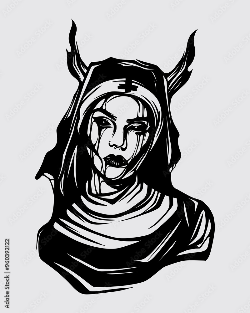 Nun with horn driping blood illustration clip art vector sticker tattoo ...