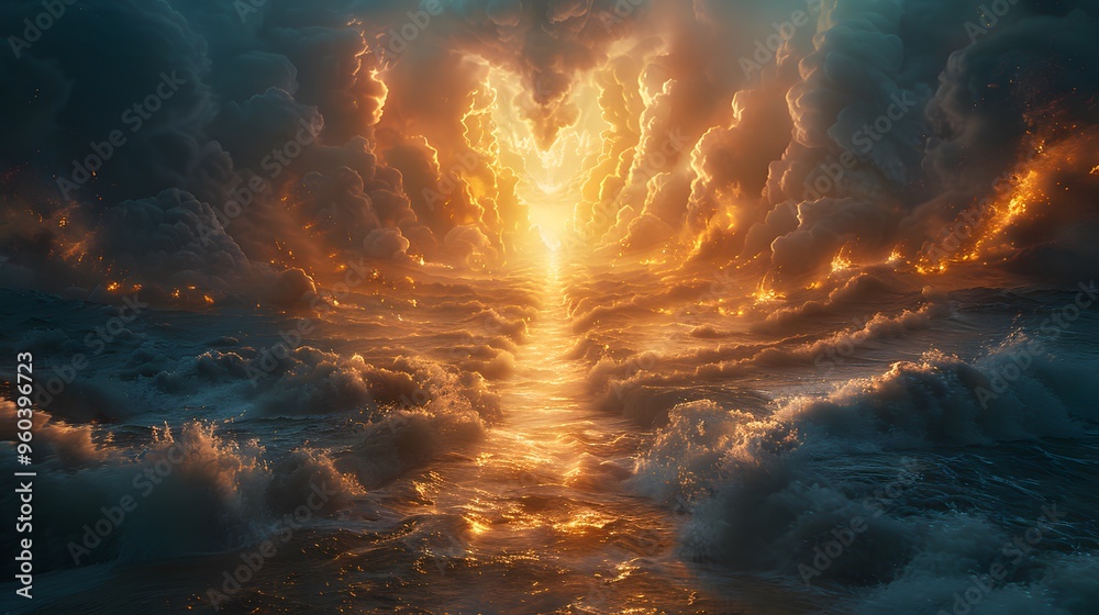 Visualize the dry pathway created by Moses parting the Red Sea, the ...