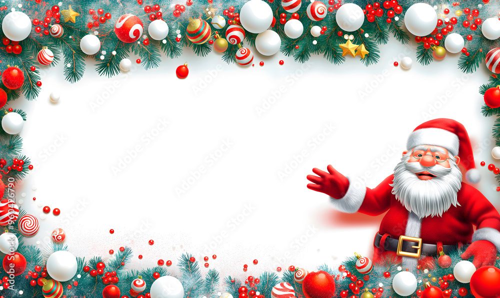 Cute Santa Claus peeking over blank sign with festive greenery,great ...