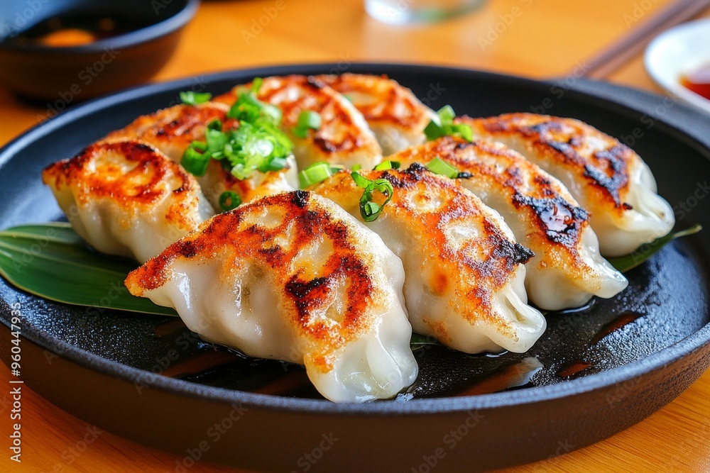 Japanese food, gyoza, pan-fried dumplings filled with pork and ...