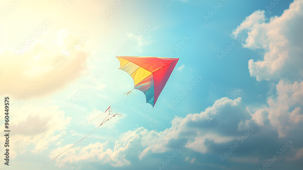 un papalote colorido volando entre las nubes por el cielo azul ...
