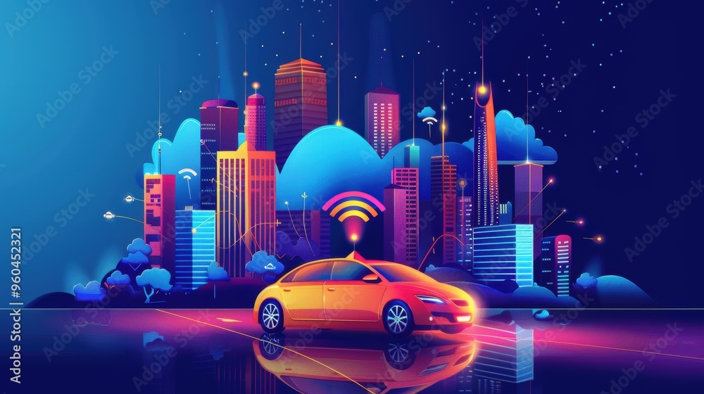 Social networking city and town with automation car on the world ...
