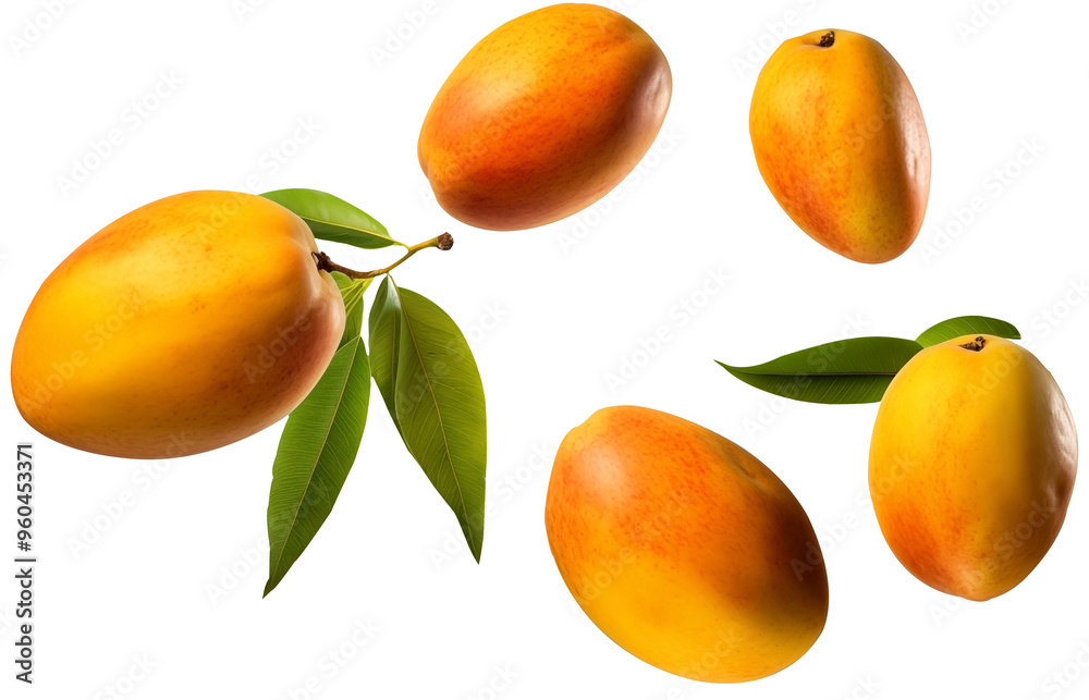 Set of Fresh Mangos PNG Falling in the air with green leaves isolated ...