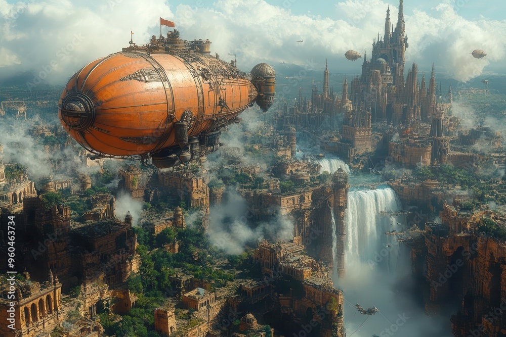 steampunk airship race through canyons of floating islands brass and ...
