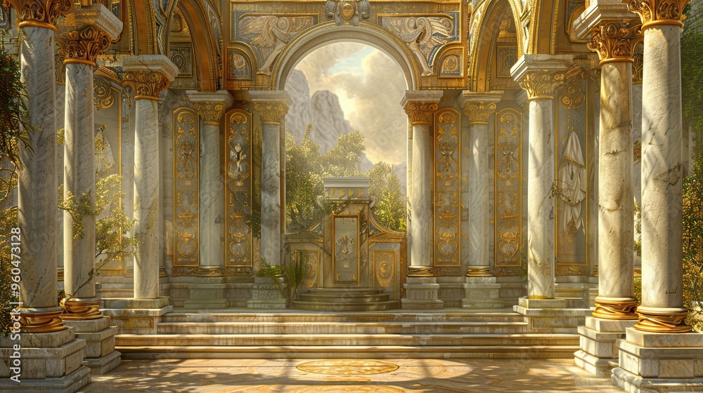 Baroque fresco of a classical temple with ornate columns arches and ...