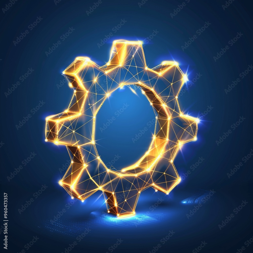Digital gold 3D gear crank icon in low poly wireframe, smart ai ...