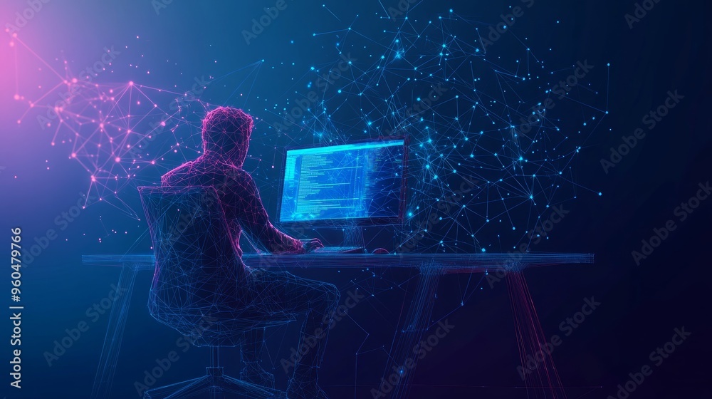 Computer technology low poly wireframe banner vector template. Software ...