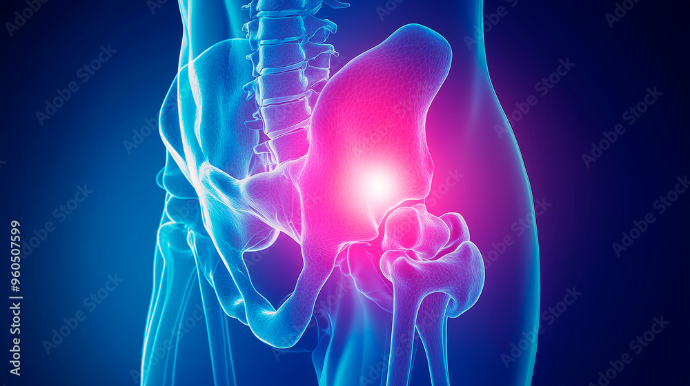 The image shows an X-ray visualization of the hip joint, with a red ...