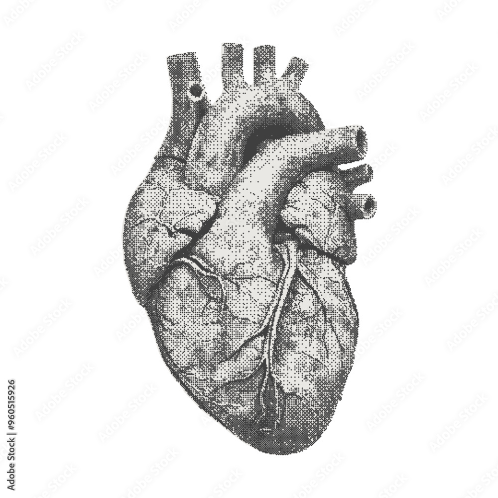 Human heart. Halftone collage cutout element in a surreal bitmap style ...