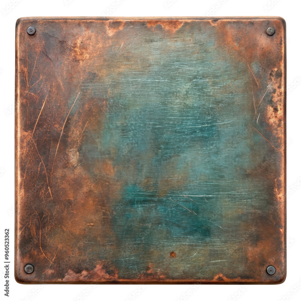 Aged copper plate featuring green patina and rust marks. The surface ...