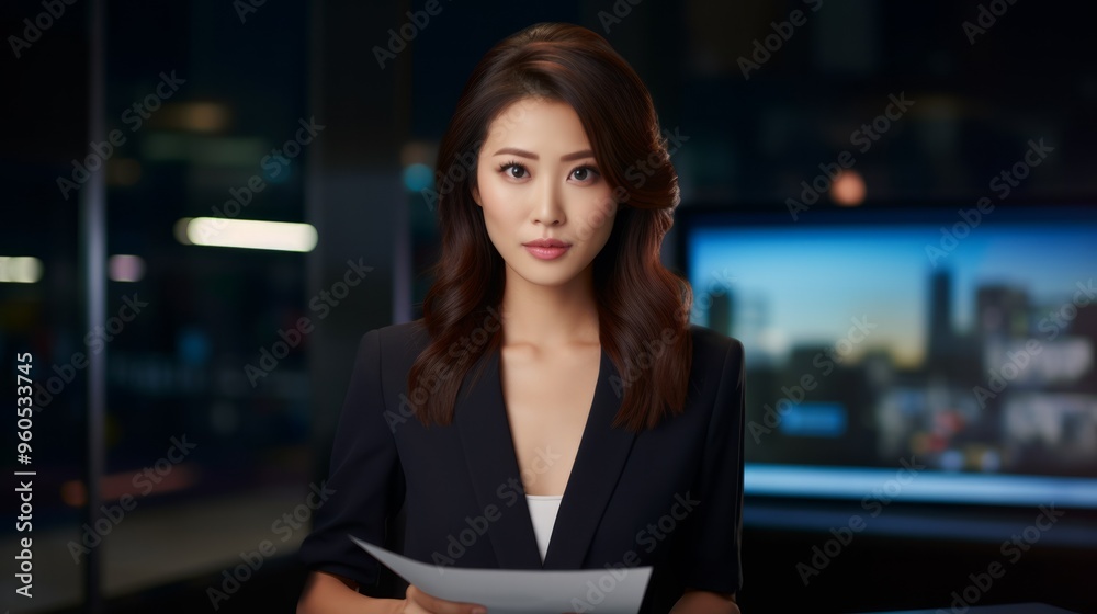 Beautiful Asian female news anchor in studio at broadcast room. Neural ...