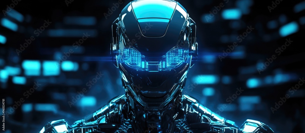 Cyborg depicted with moody blue and green 80s lighting in a front ...