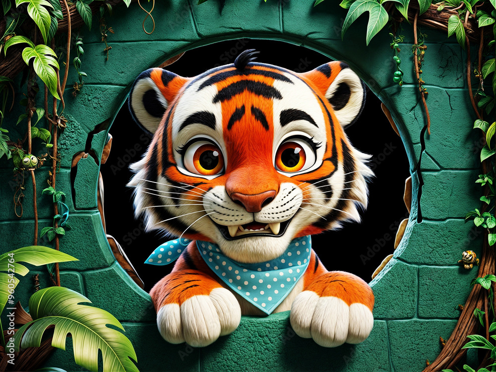 3d render of a cute cartoon tiger peeking and popping out from a wall ...