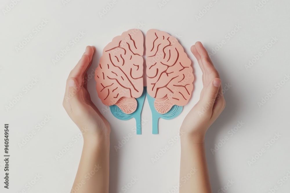 Hands holding model of human brain on white background. Mental health ...