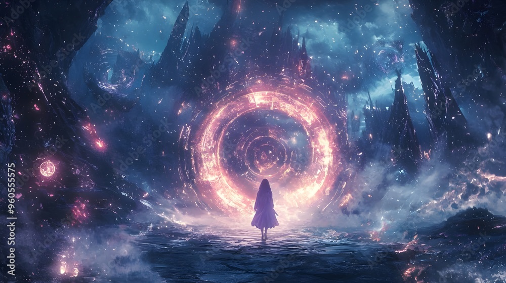 An anime character steps through a glowing, magical portal surrounded ...