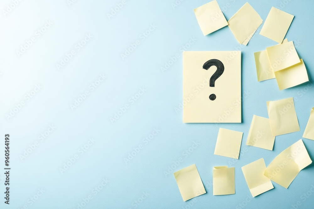 Colorful sticky notes are spread across a soft blue background, with ...