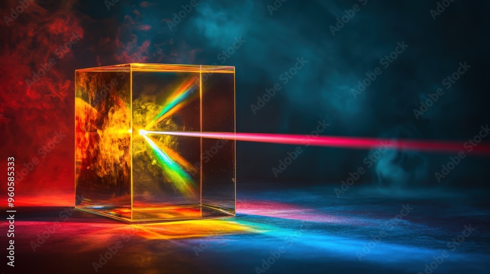 A laser beam passes through a transparent prism, refracting light into ...