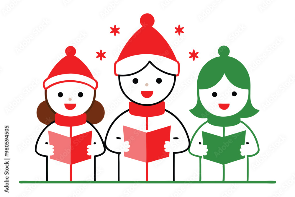 Christmas caroling children vector line art, clipart illustration with ...