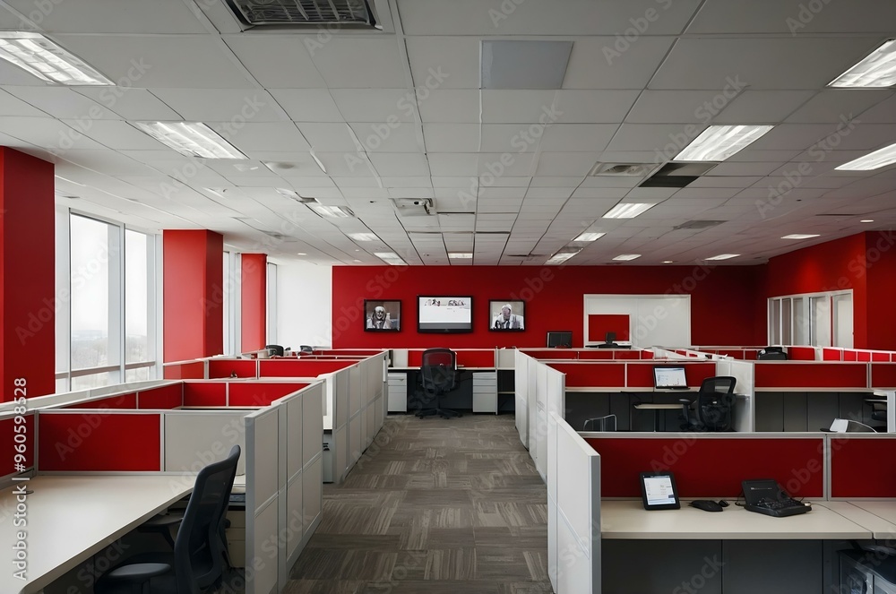 An empty red call center with rows of desks and chairs. Headsets and ...