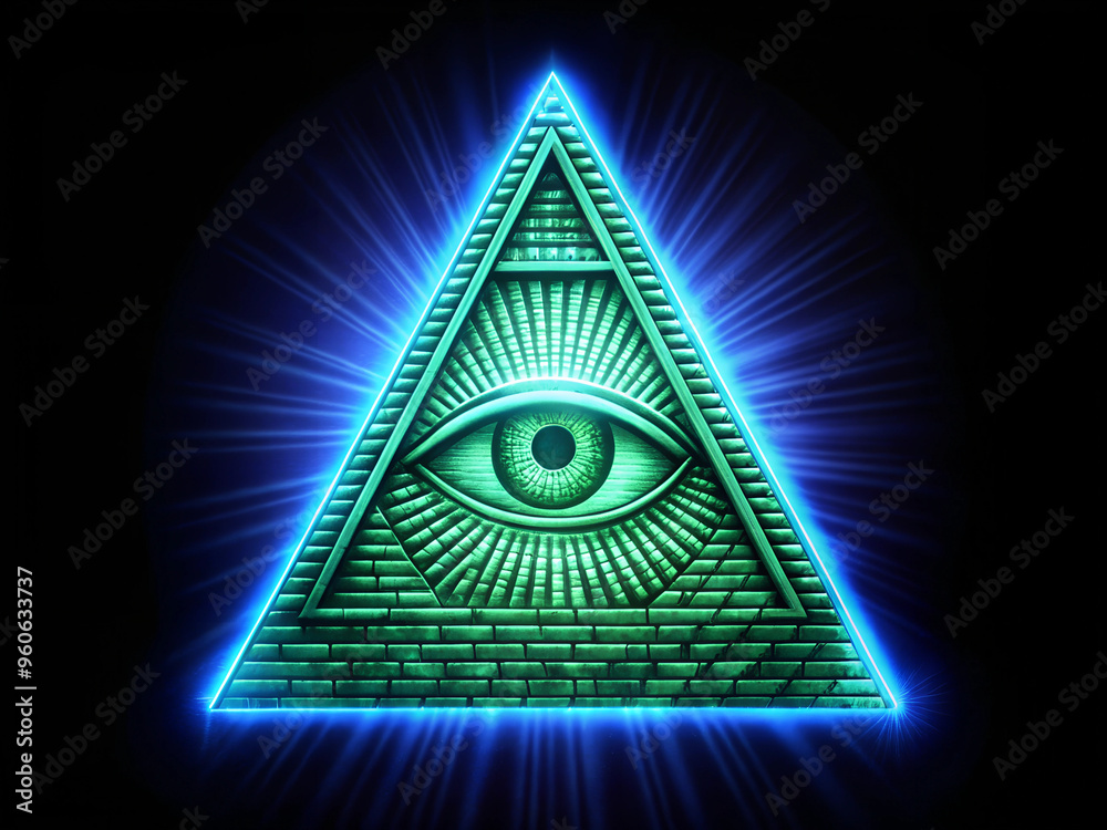 Neon glowing all-seeing eye and pyramid isolated against a black ...