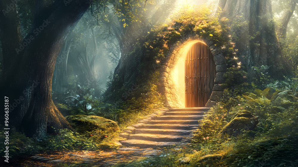 Fantasy enchanted fairy tale forest with magical opening secret wooden ...