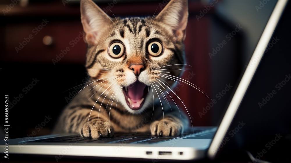 Amazed kitten looking at a laptop, isolated on white background. Neural ...