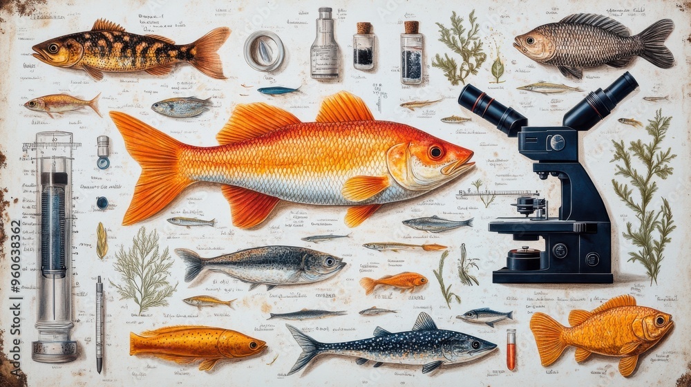 Fish research clipart with a microscope and fish illustrations on a ...