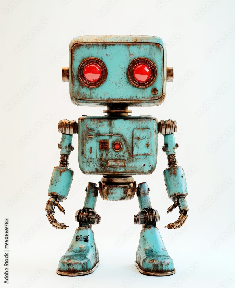 This is a blue old vintage old classic rustic robot toy with antennas ...