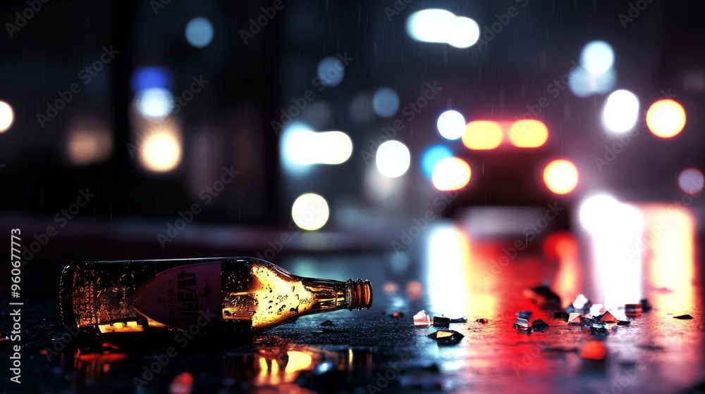 Drunk man on the road, bottles of alcohol on the road, police car with ...