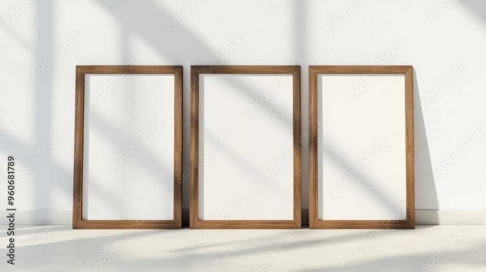 Mockup of three vertical blank wooden framed wall art mockups standing ...