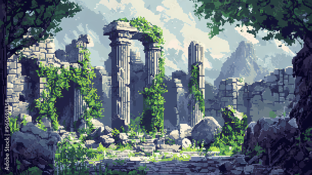 A pixel art ancient ruin with broken pillars, crumbling walls, and ...
