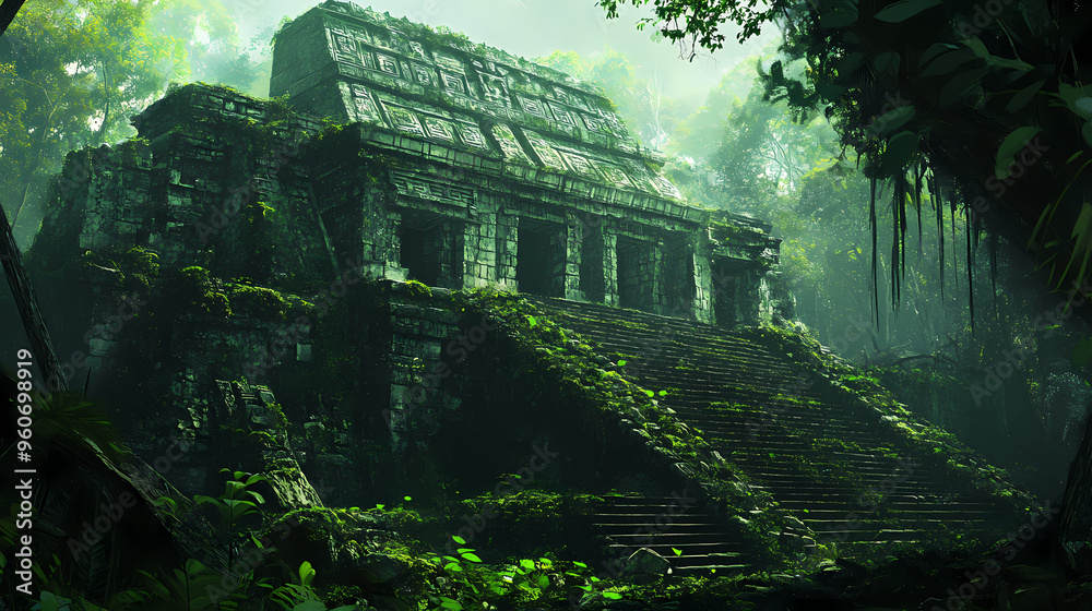 Ancient and overgrown mayan temple ruins in the jungle, lost place in the amazon rainforest ...