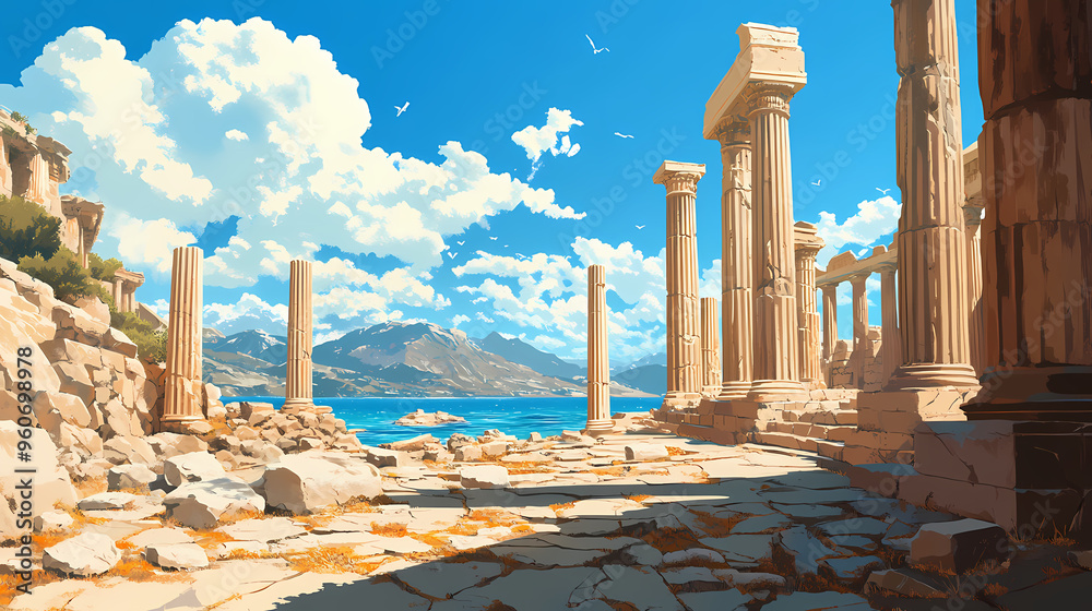 Ancient greek ruins wide angle panoramic symmetric banner background ...