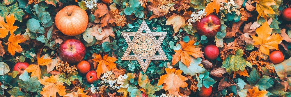 Foto de Stock Pagan star shaped symbol in autumn forest or garden with ...