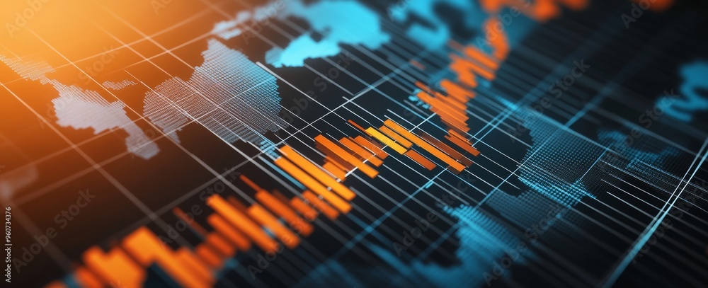 Stock market graph with candlestick charts, orange and blue background ...
