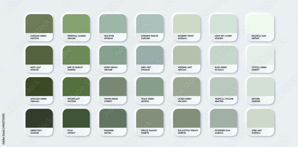 Green Color Guide Palette with Color Names. Catalog Green Samples with ...