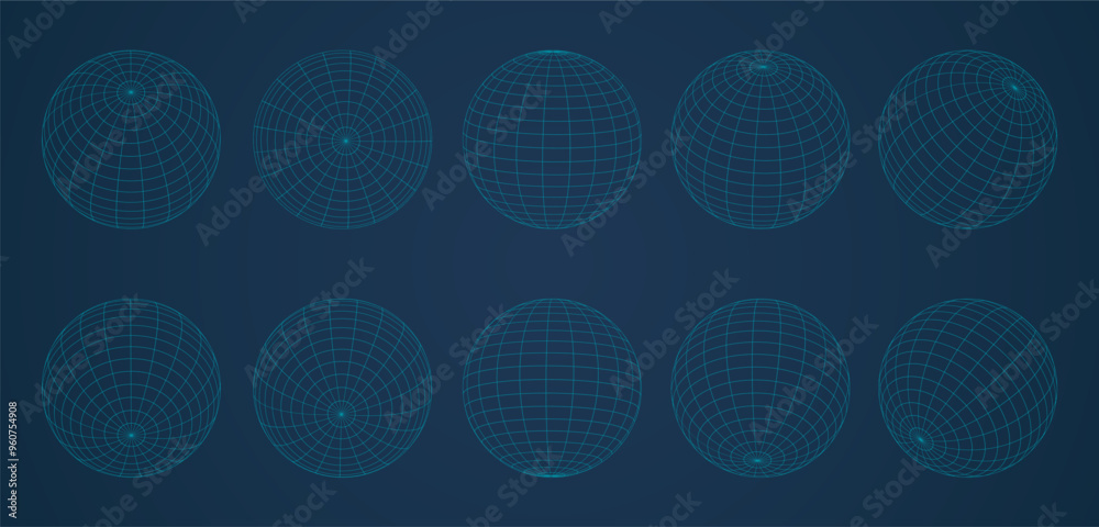 Globe grid spheres. Striped 3D wireframe spheres, geometry globe grid, earth latitude and ...