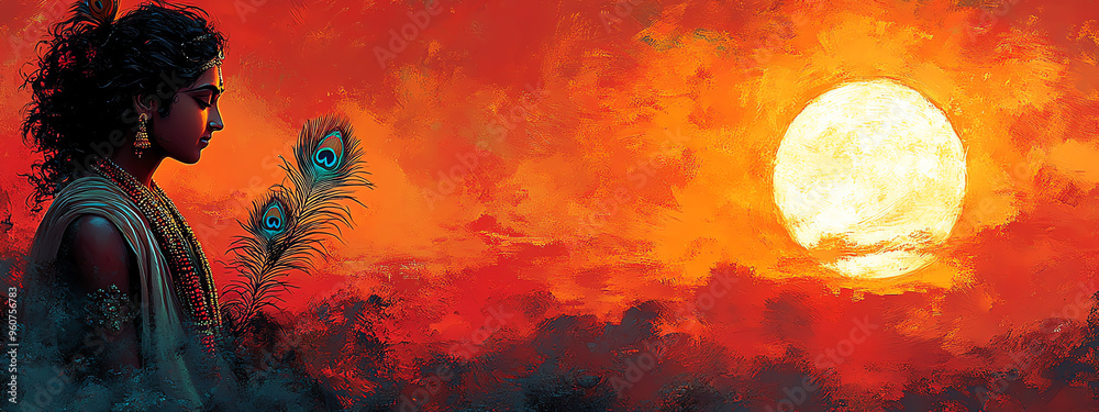 Silhouette of Hindu god Lord Krishna playing flute on sunset. Krishna ...