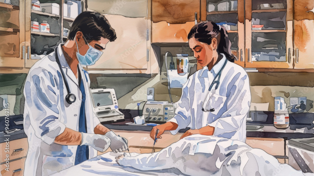 Two medical students are engaged in practical training, diligently ...