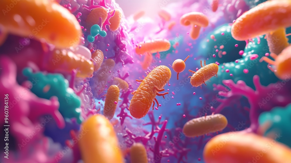 3D render of Vibrio cholerae bacteria in the intestines, showing the ...