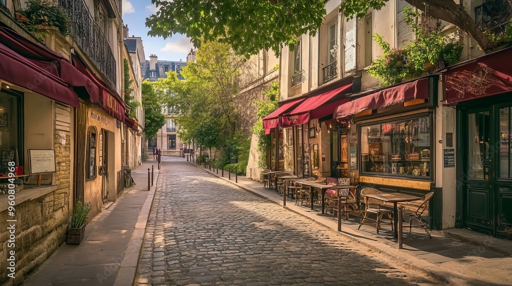 A charming street in the Montmartre neighborhood of Paris, France. It ...