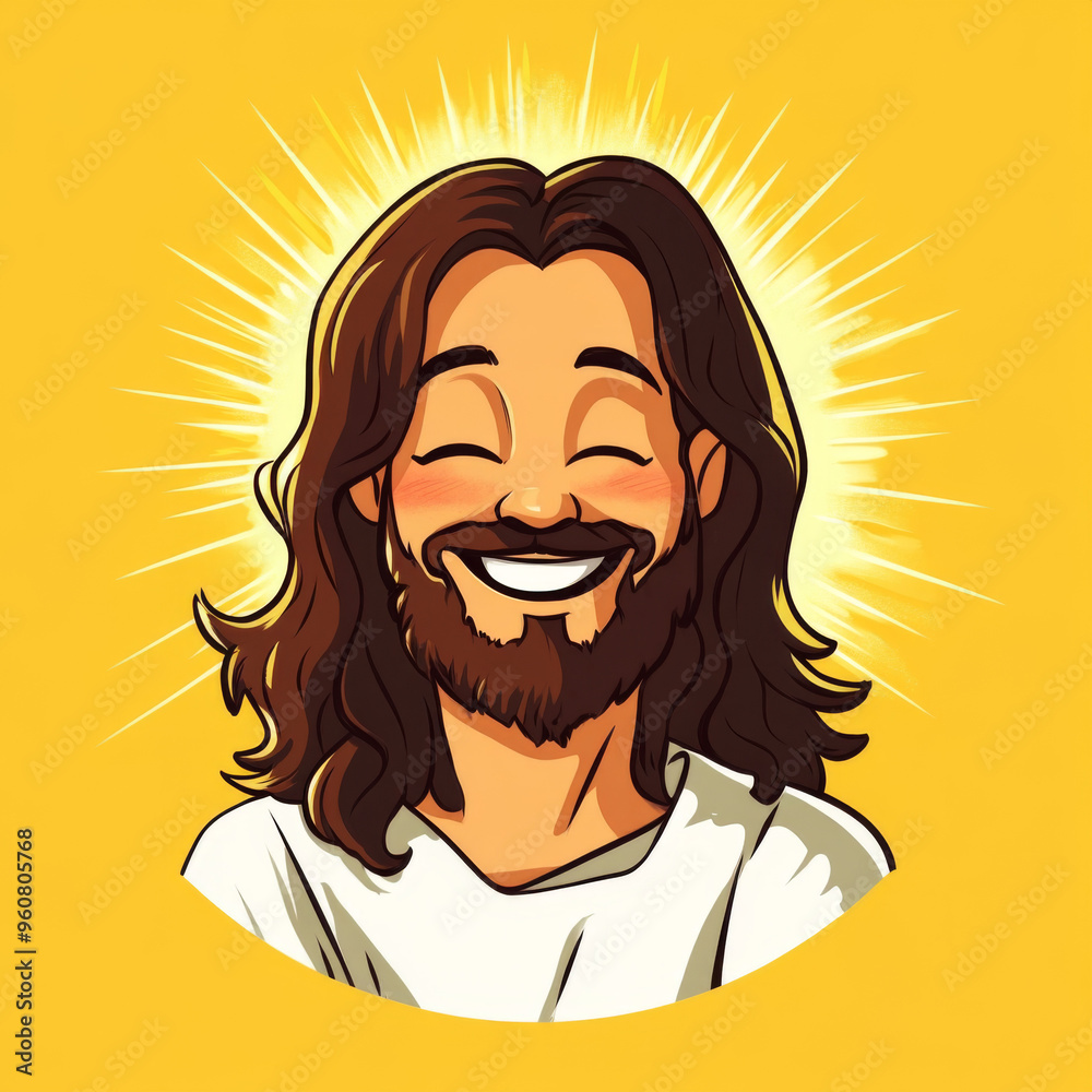 Cartoon Jesus smiling in yellow background Stock Illustration | Adobe Stock