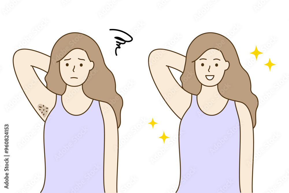 Set of young woman with dark smelly hairy and smooth clean armpit ...