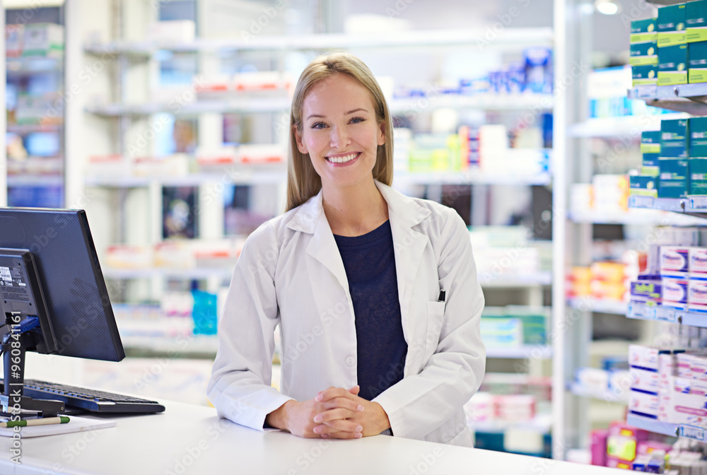 Pharmacy, woman and portrait with smile by computer for customer ...